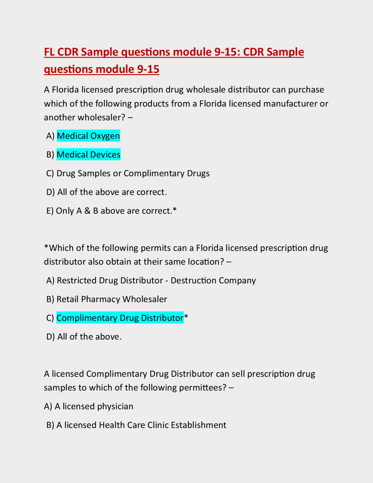 FL CDR Sample questions module 9-15: CDR Sample questions module 9-15 ...