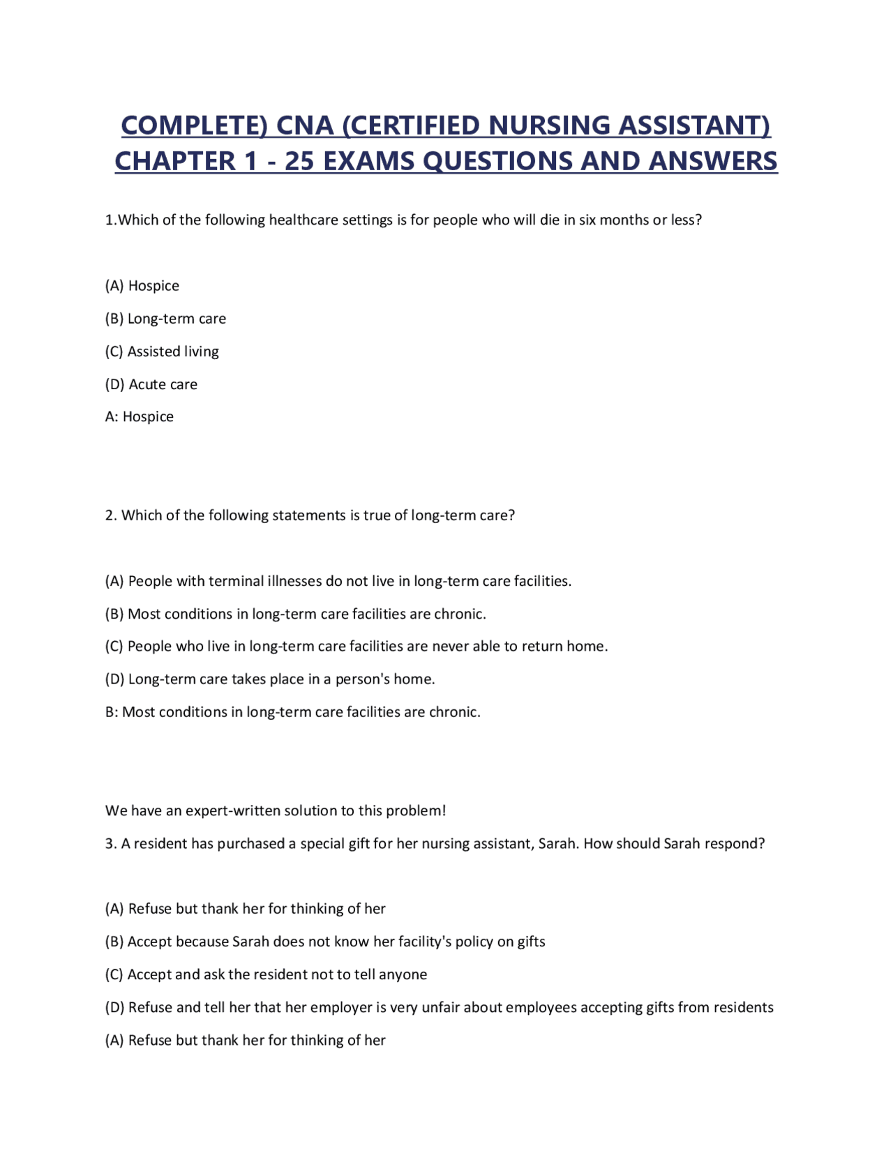 COMPLETE) CNA (CERTIFIED NURSING ASSISTANT) CHAPTER 1 - 25 EXAMS ...
