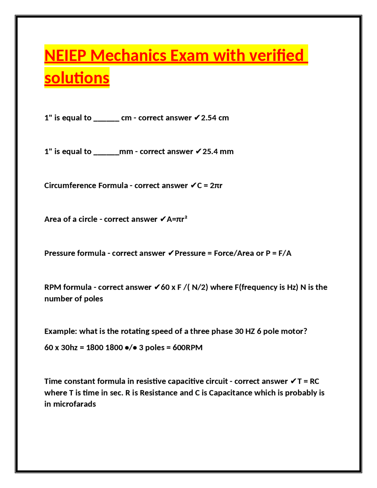 NEIEP Mechanics Exam with Verified Solutions | Exams Mechanics | Docsity