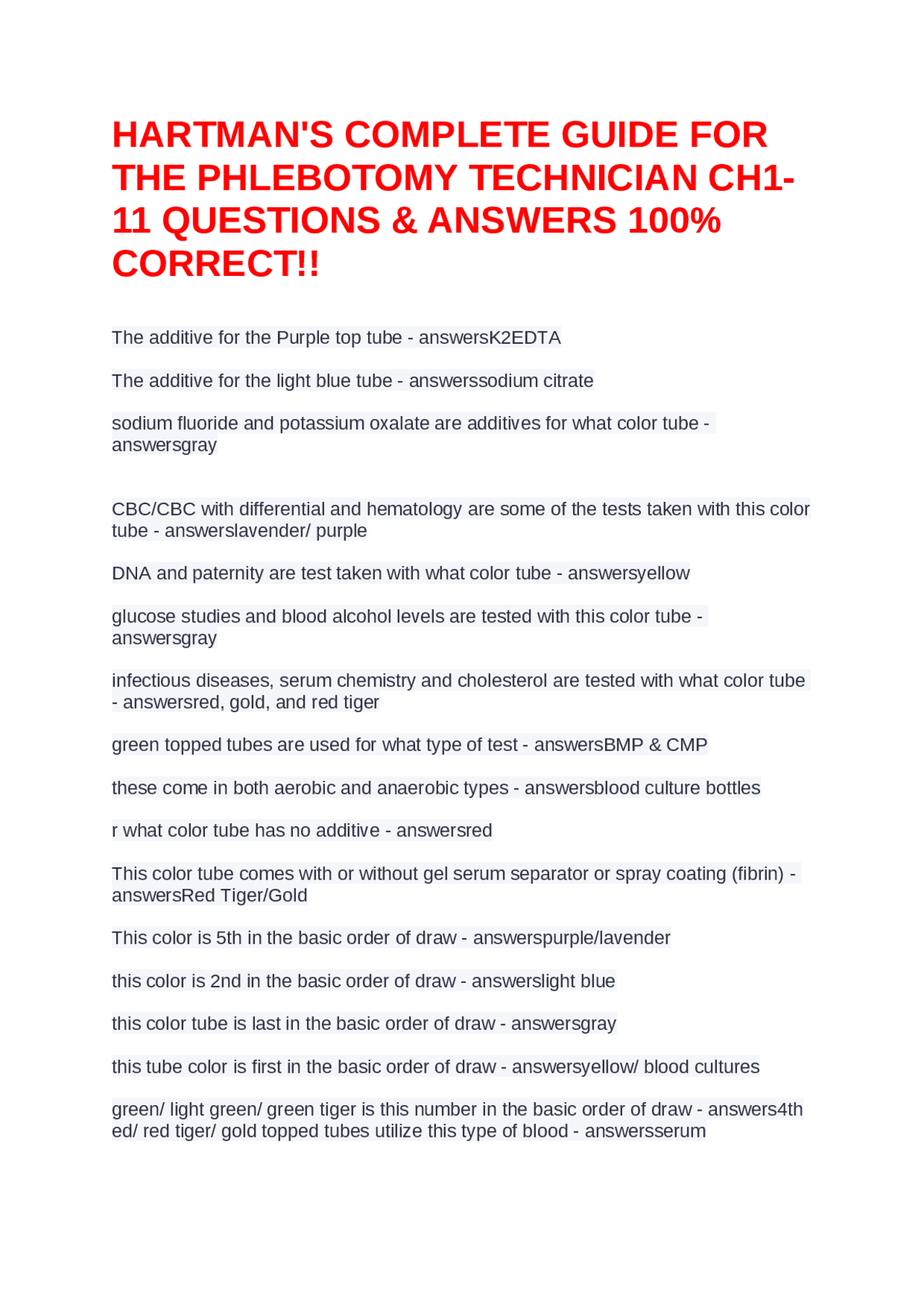 HARTMAN'S COMPLETE GUIDE FOR THE PHLEBOTOMY TECHNICIAN CH1-11 QUESTIONS ...