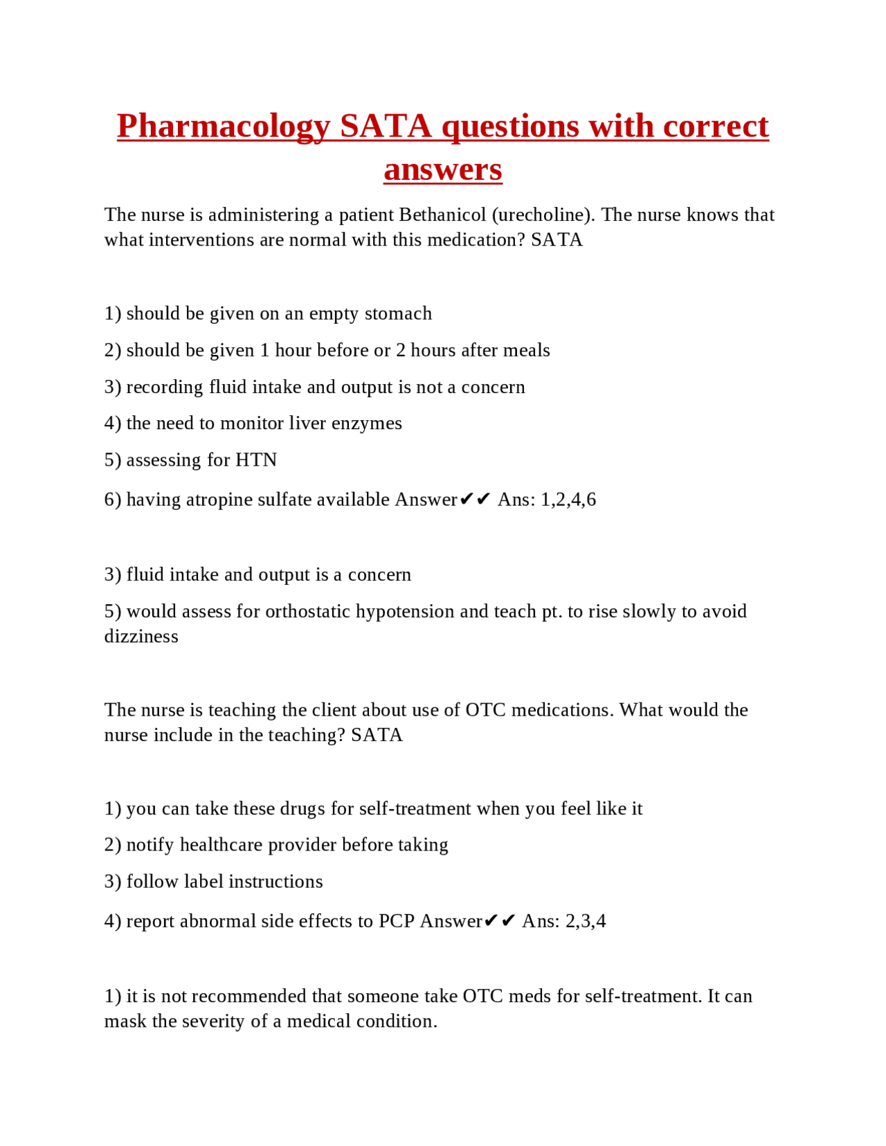 Pharmacology SATA questions with correct answers | Exams Nursing | Docsity