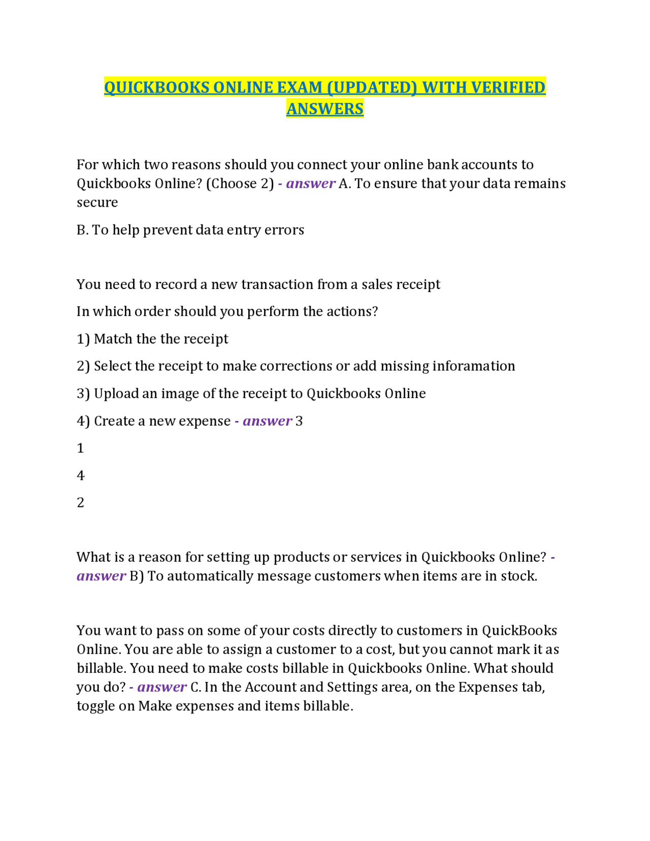 QUICKBOOKS ONLINE EXAM (UPDATED) WITH VERIFIED ANSWERS | Exams ...
