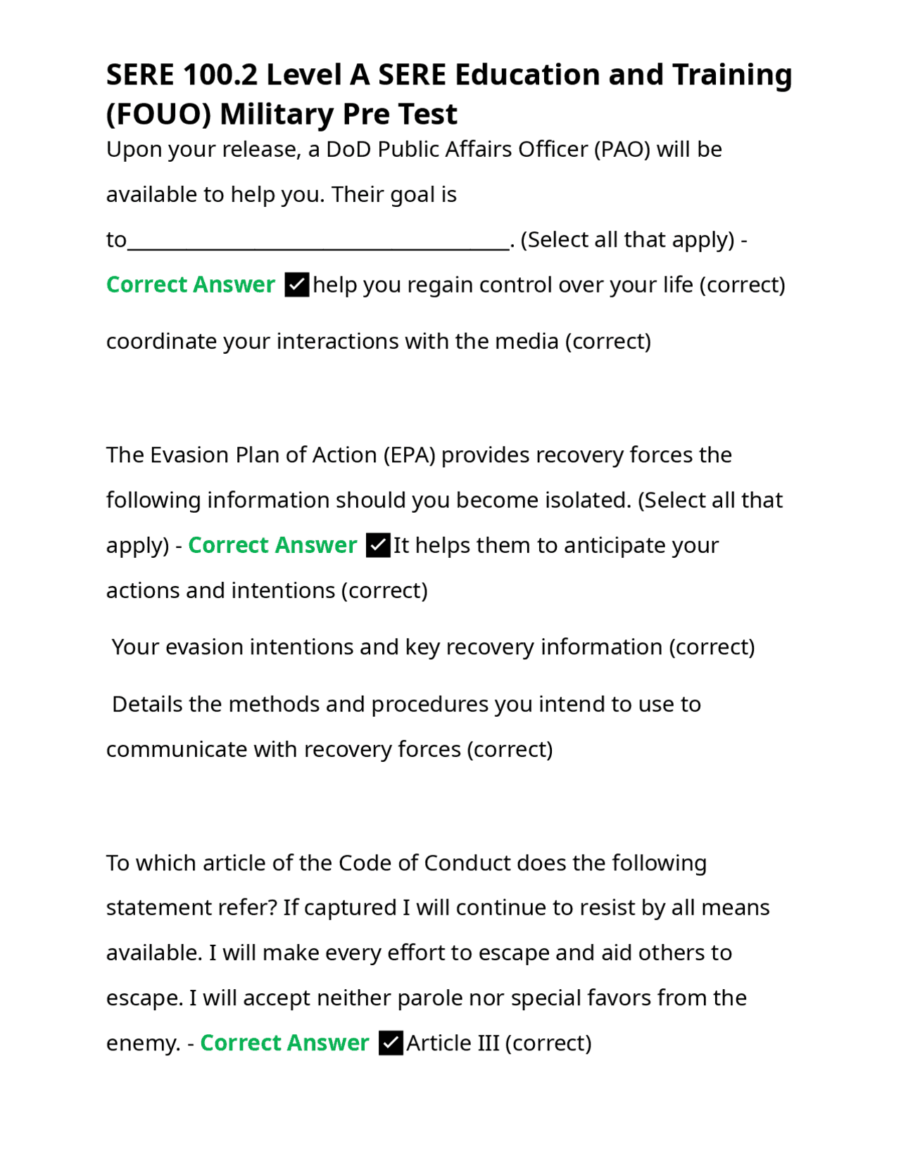 SERE 100.2 Level A SERE Education and Training (FOUO) Military Pre Tes ...