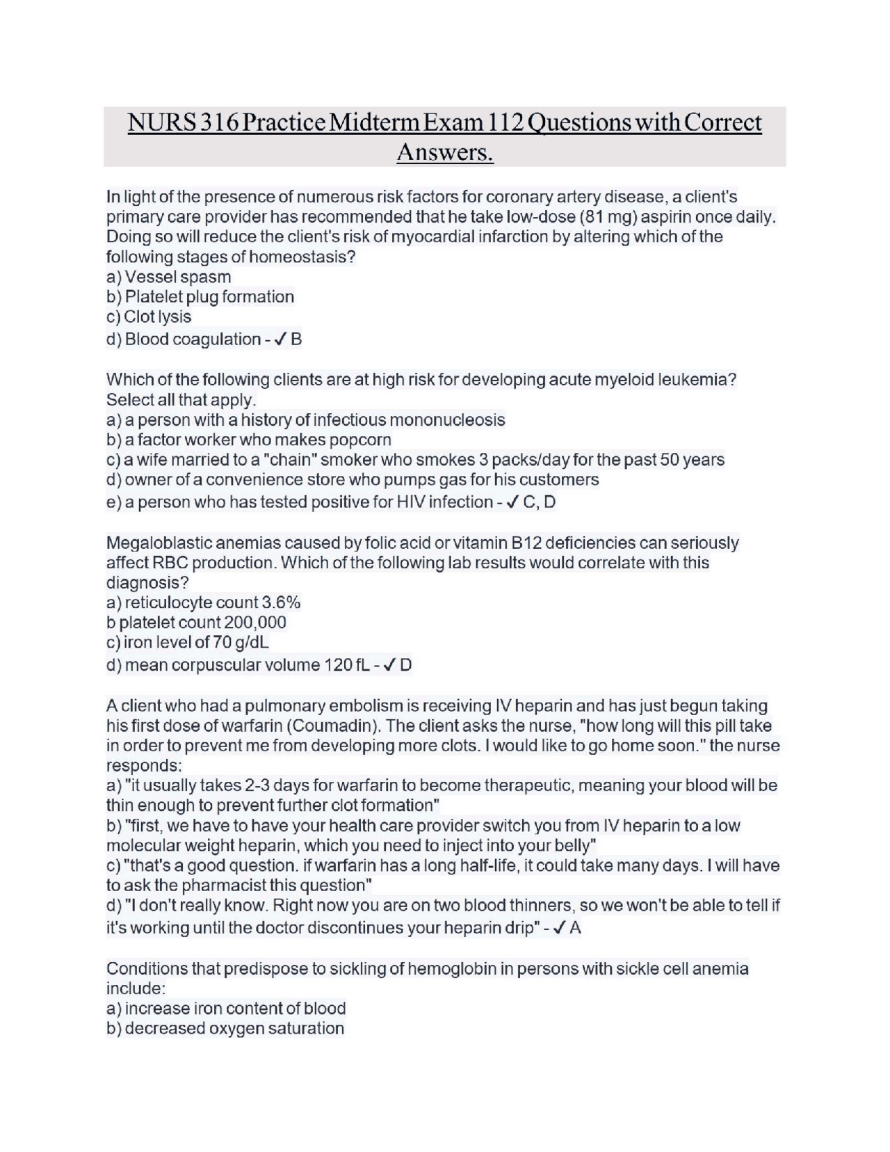 NURS 316 Practice Midterm Exam 112 Questions with Correct Answers. | Exams Nursing | Docsity