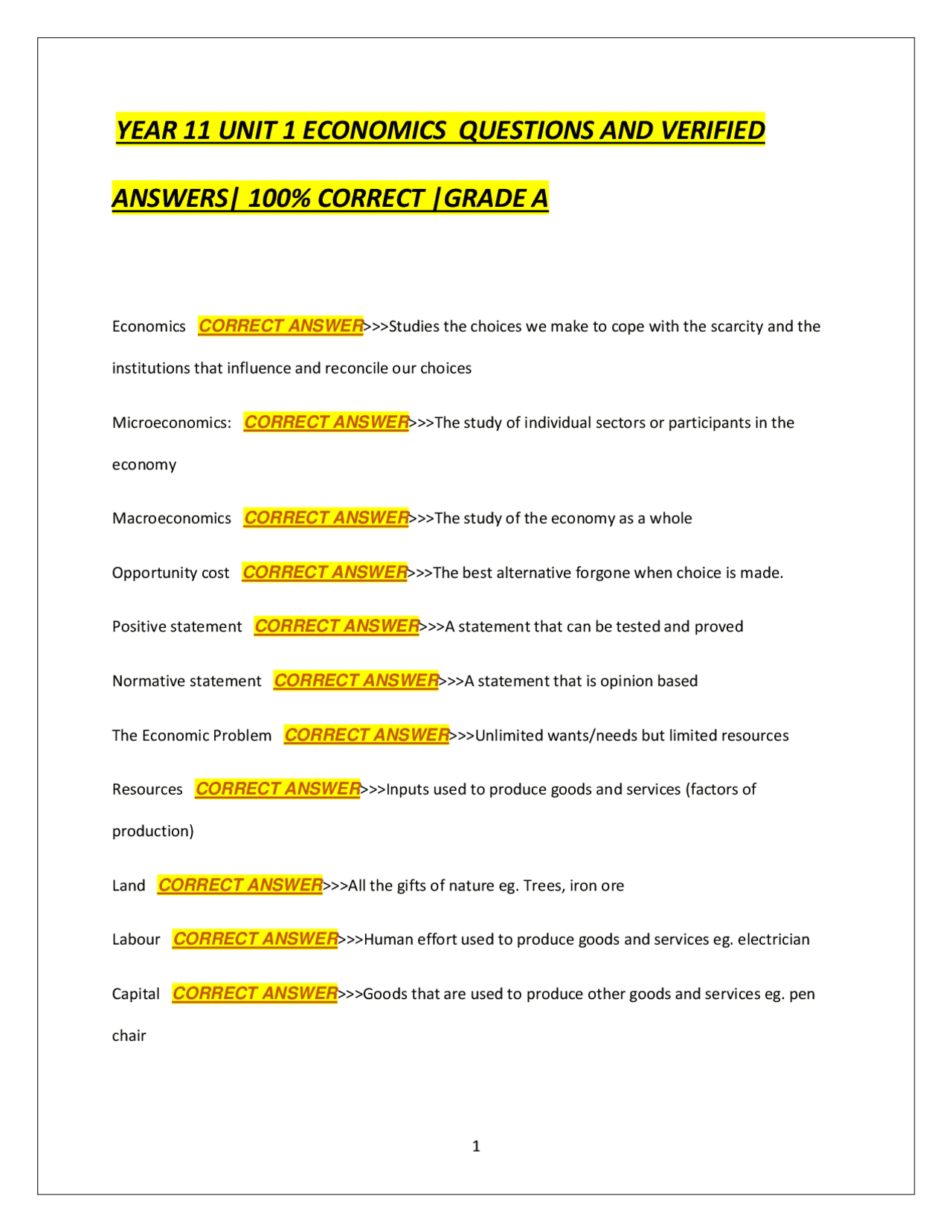 YEAR 11 UNIT 1 ECONOMICS QUESTIONS AND VERIFIED ANSWERS| 100% CORRECT ...