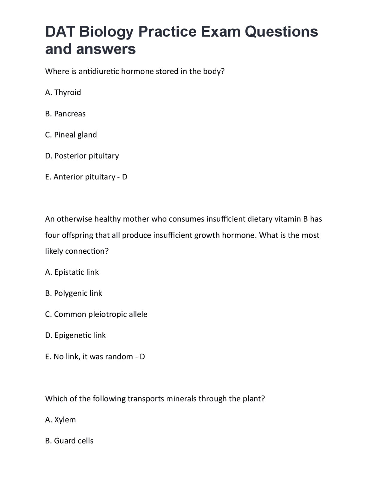 DAT Biology Practice Exam Questions and Answers | Exams Biology | Docsity