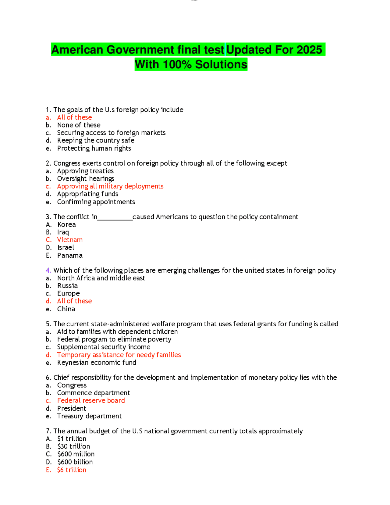 American Government final test Updated For 2025 With 100% Solutions ...