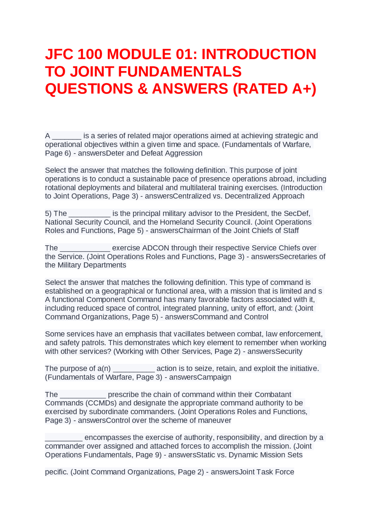 JFC 100 MODULE 01: INTRODUCTION TO JOINT FUNDAMENTALS QUESTIONS ...