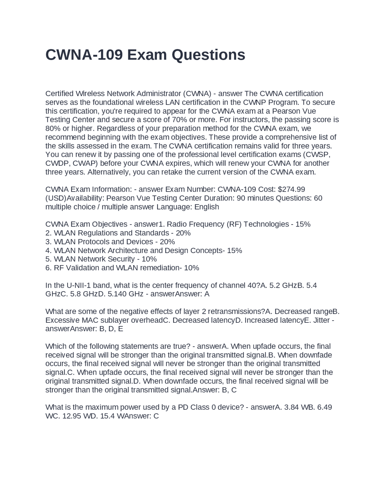 CWNA-109 Exam Questions and Answers 100% Complete | Exams Advanced Education | Docsity