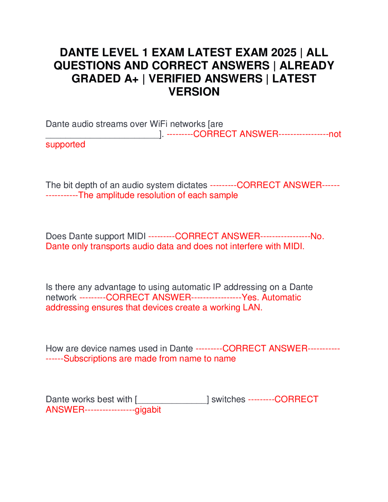 DANTE LEVEL 1 EXAM LATEST EXAM 2025 | ALL QUESTIONS AND CORRECT ANSWERS ...