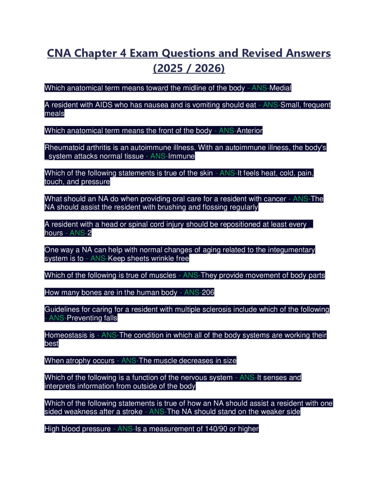 CNA Chapter 4 Exam Questions and Answers: Anatomy and Physiology | Exams Nursing | Docsity