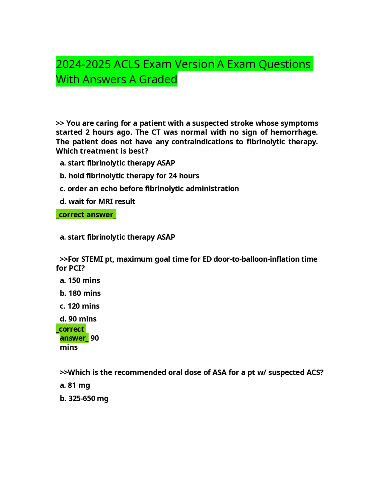 2024-2025 ACLS Exam Version A Exam Questions With Answers A Graded ...