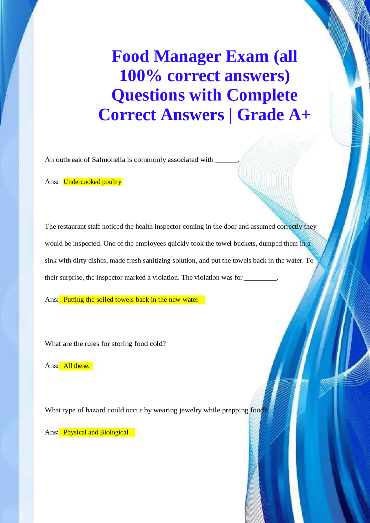 Food Manager Exam (all 100% correct answers) Questions with Complete ...