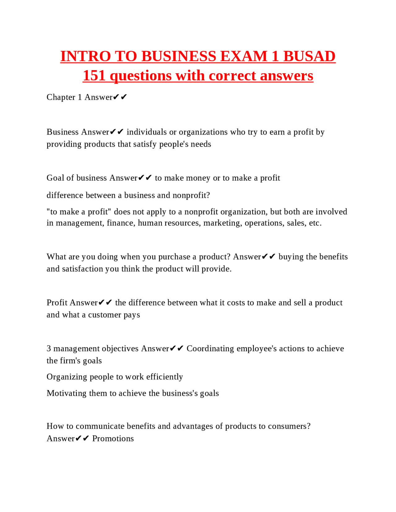 INTRO TO BUSINESS EXAM 1 BUSAD 151 questions with correct answers ...