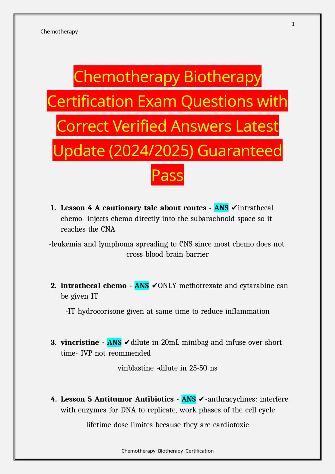 Chemotherapy Biotherapy Certification Exam Questions with Correct ...