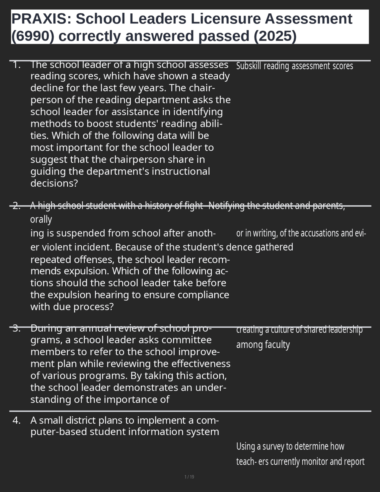 PRAXIS School Leaders Licensure Assessment (6990) correctly answered ...