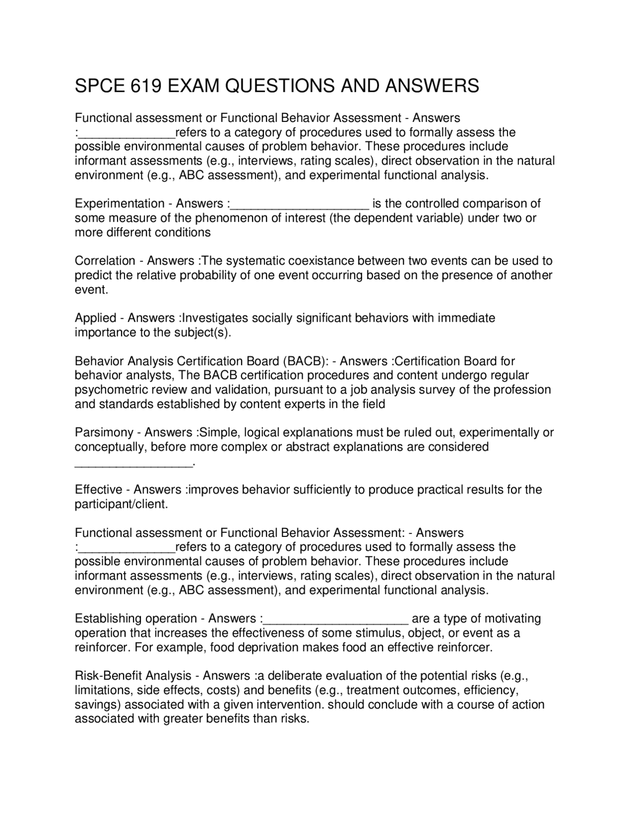 SPCE 619 Exam Questions and Answers: Functional Behavior Assessment ...