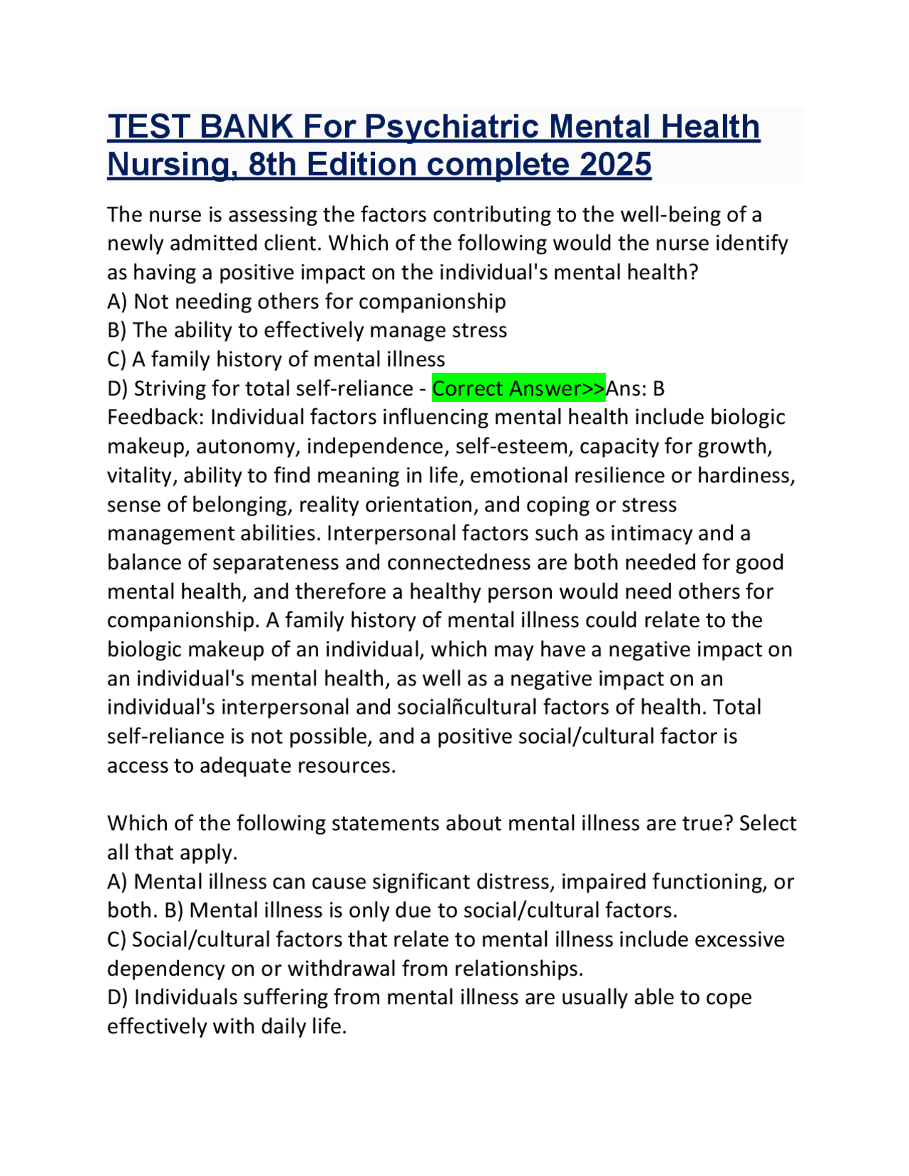 TEST BANK For Psychiatric Mental Health Nursing, 8th Edition complete ...