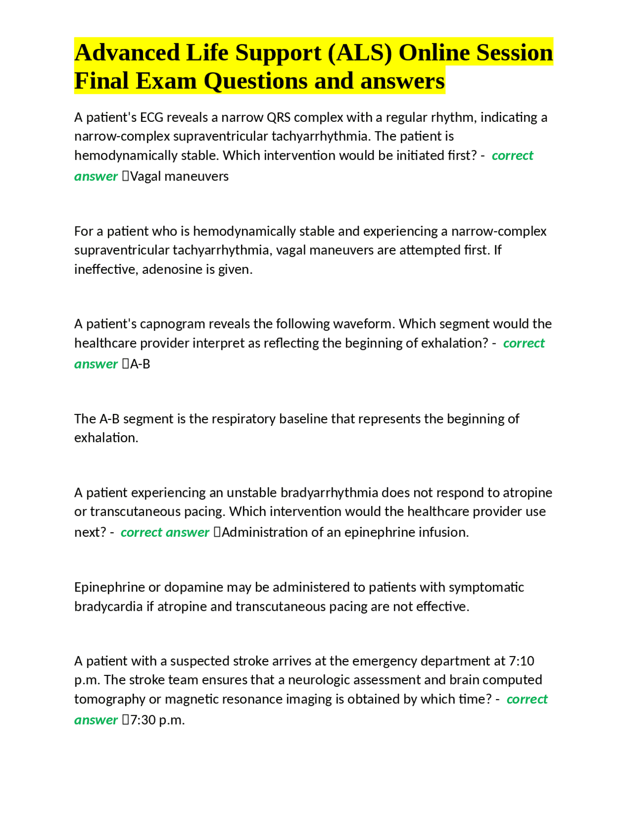 Advanced Life Support (ALS) Online Session Final Exam Questions and ...