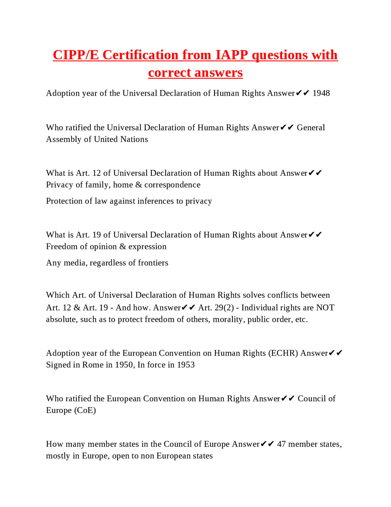 CIPP/E Certification from IAPP questions with correct answers | Exams Information Technology ...