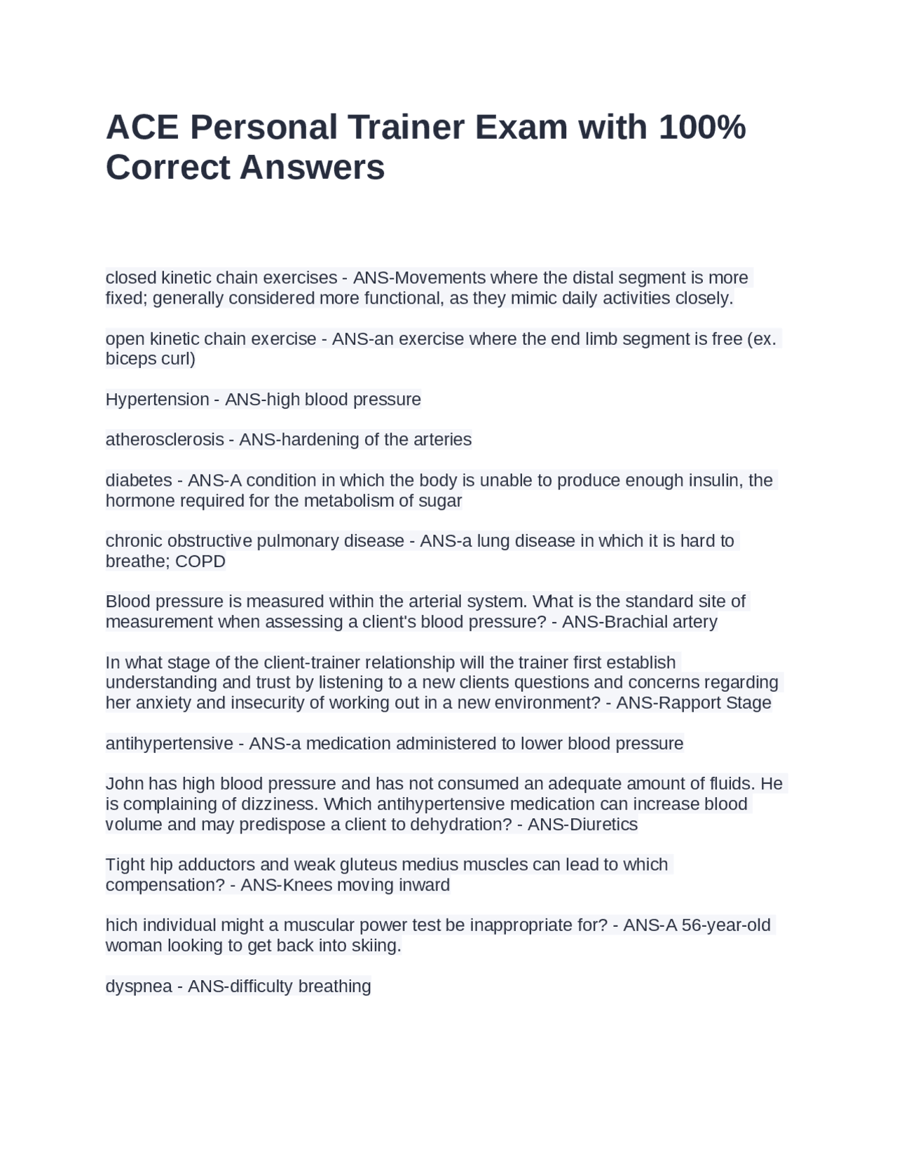 ACE Personal Trainer Exam with 100% Correct Answers | Exams Advanced ...