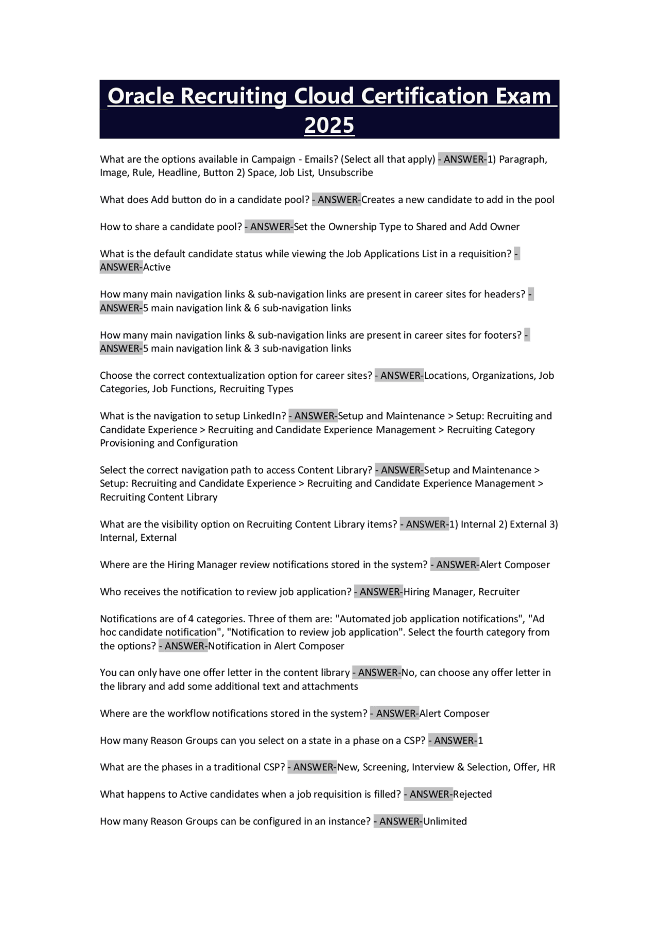 Oracle Recruiting Cloud Certification Exam Questions and Answers | Exams Information Systems ...