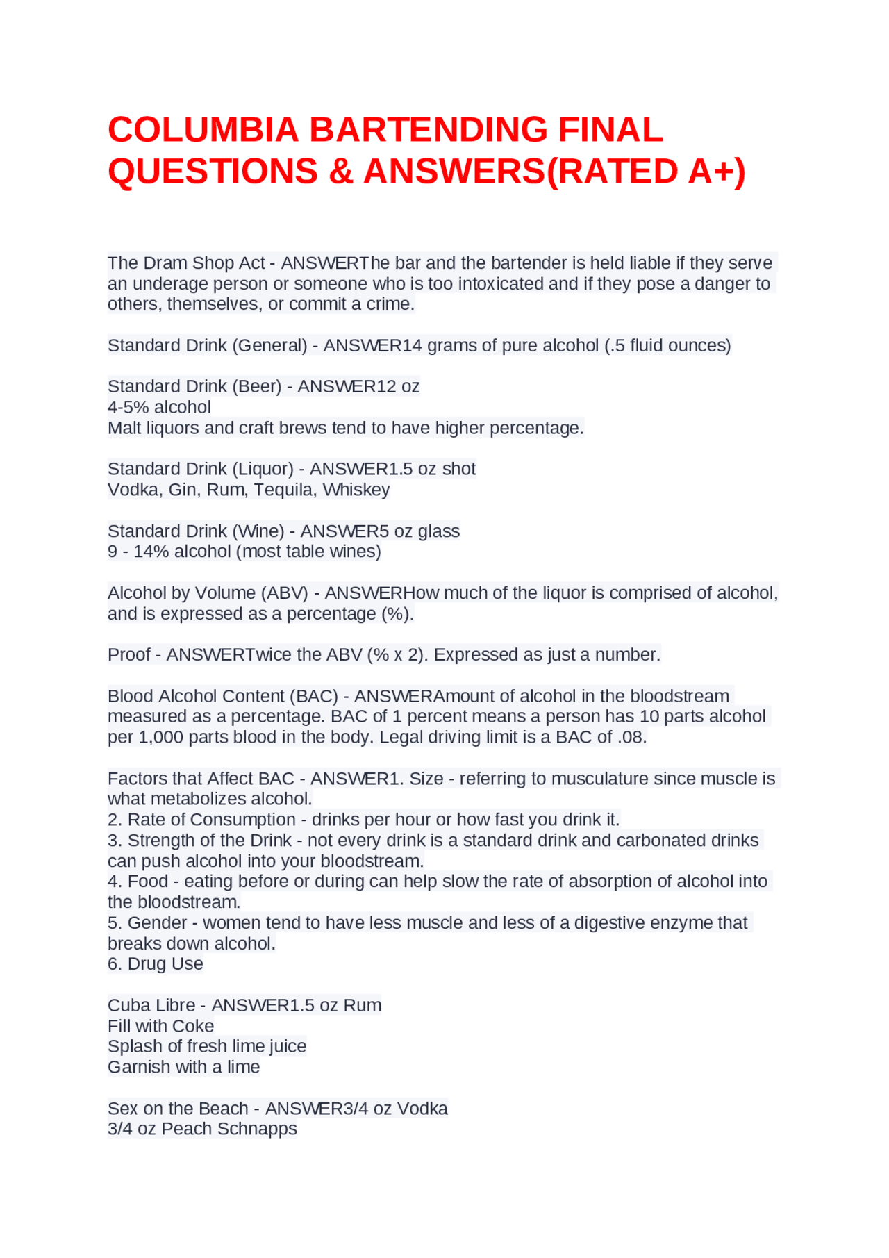 COLUMBIA BARTENDING FINAL QUESTIONS & ANSWERS(RATED A+) | Exams ...