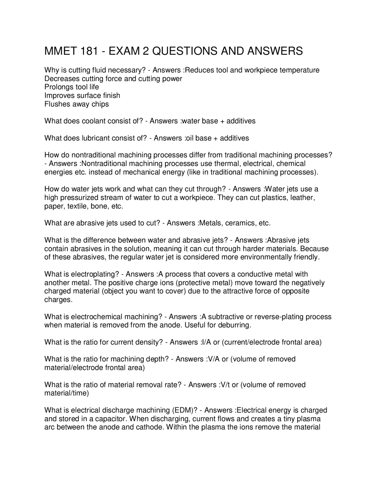 MMET 181 - Exam 2 Questions and Answers: Manufacturing Processes and ...