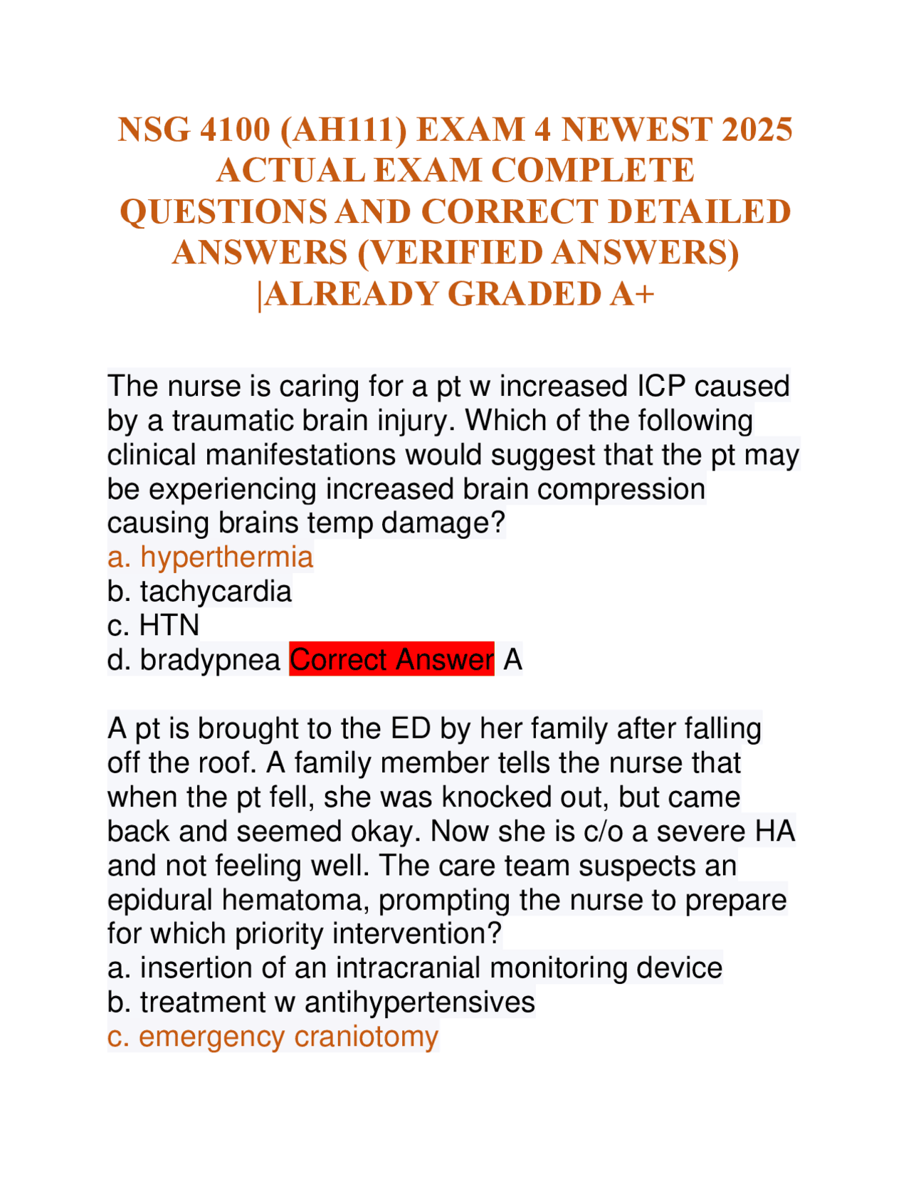 NSG 4100 (AH111) EXAM 4 NEWEST 2025 ACTUAL EXAM COMPLETE QUESTIONS AND ...