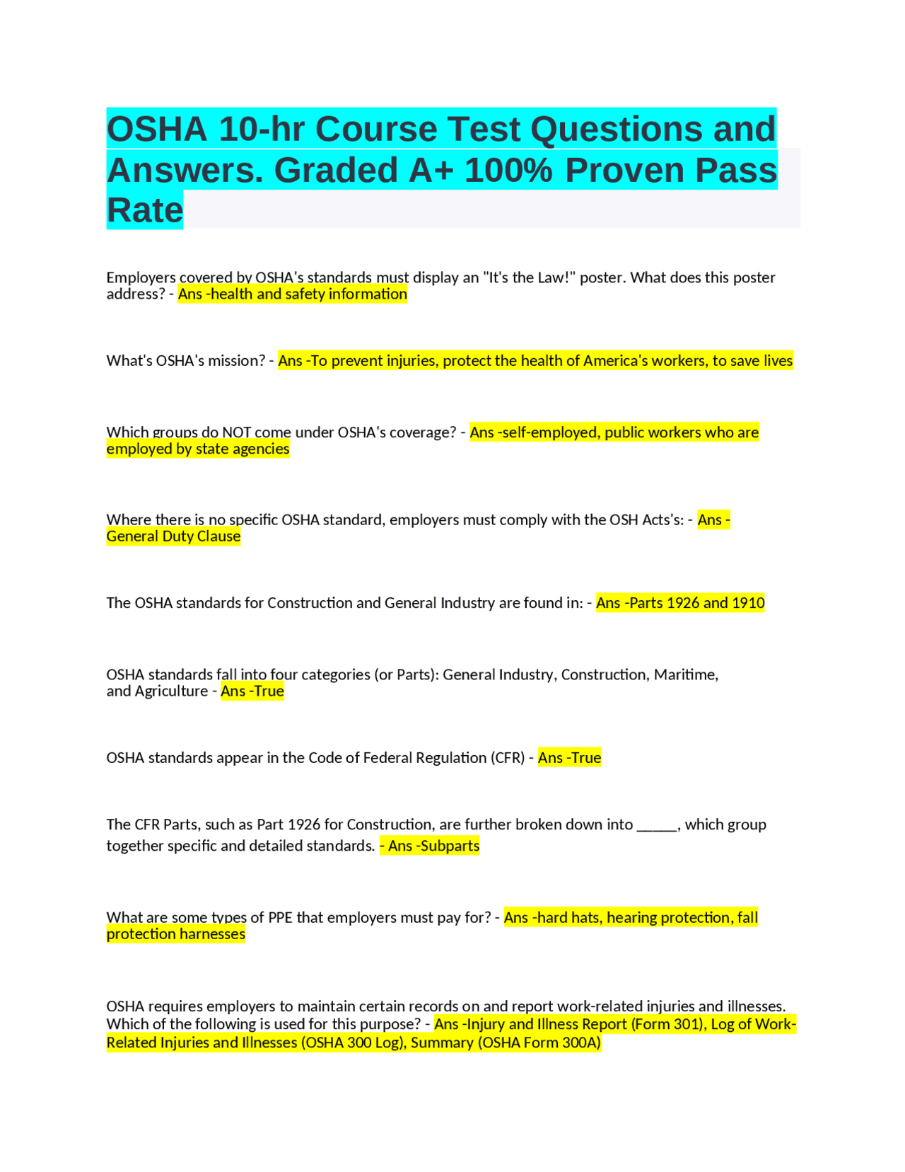 OSHA 10-hr Course Test Questions and Answers | Exams Nursing | Docsity