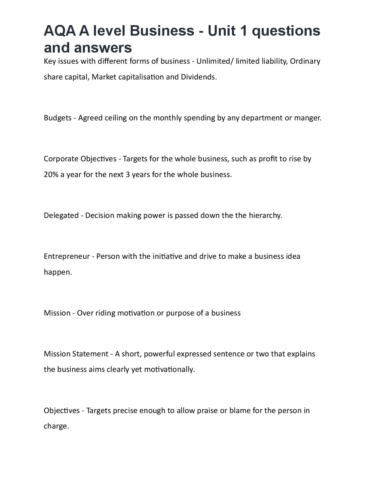 AQA A level Business - Unit 1 questions and answers. | Exams Business ...