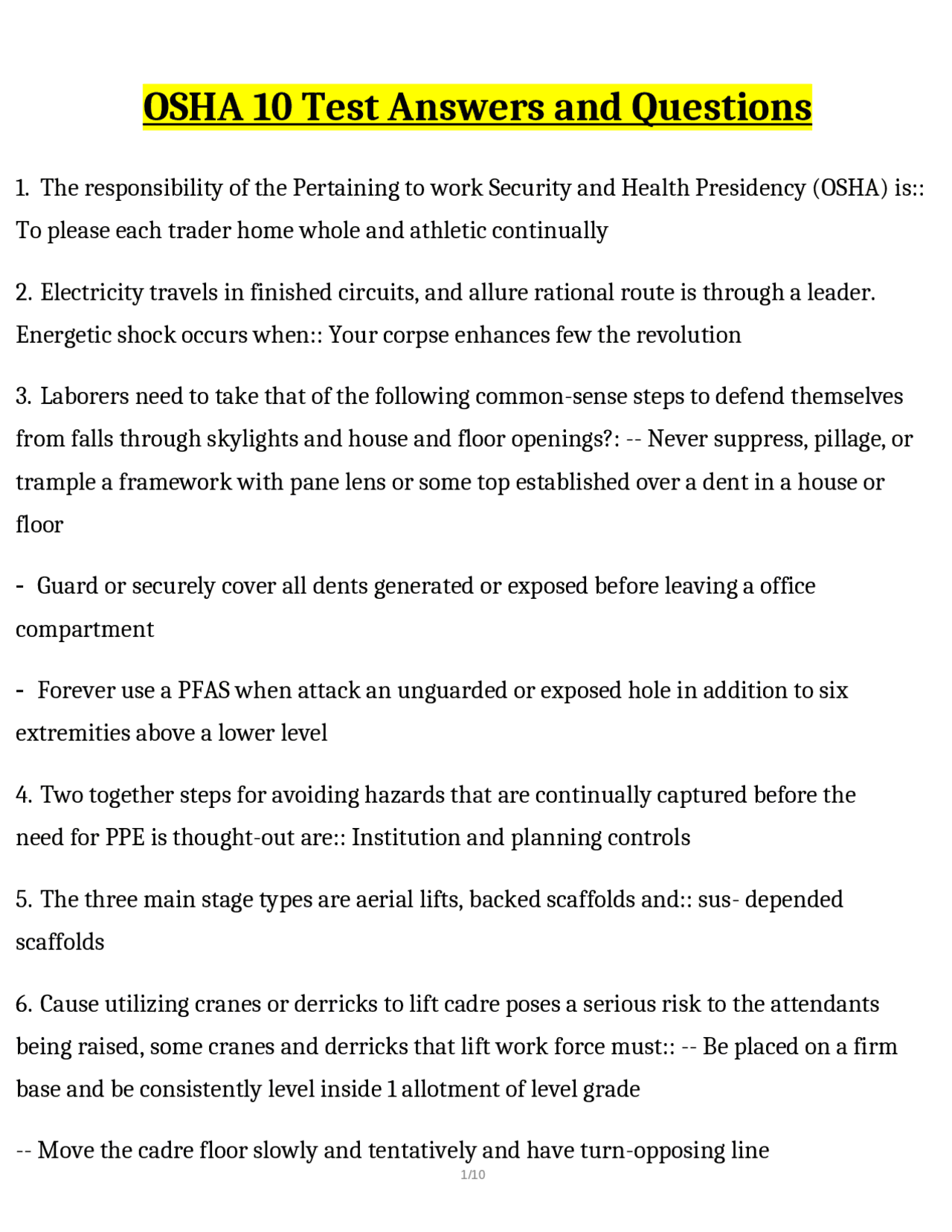 OSHA 10 Test Answers and Questions: A Comprehensive Guide to Workplace ...