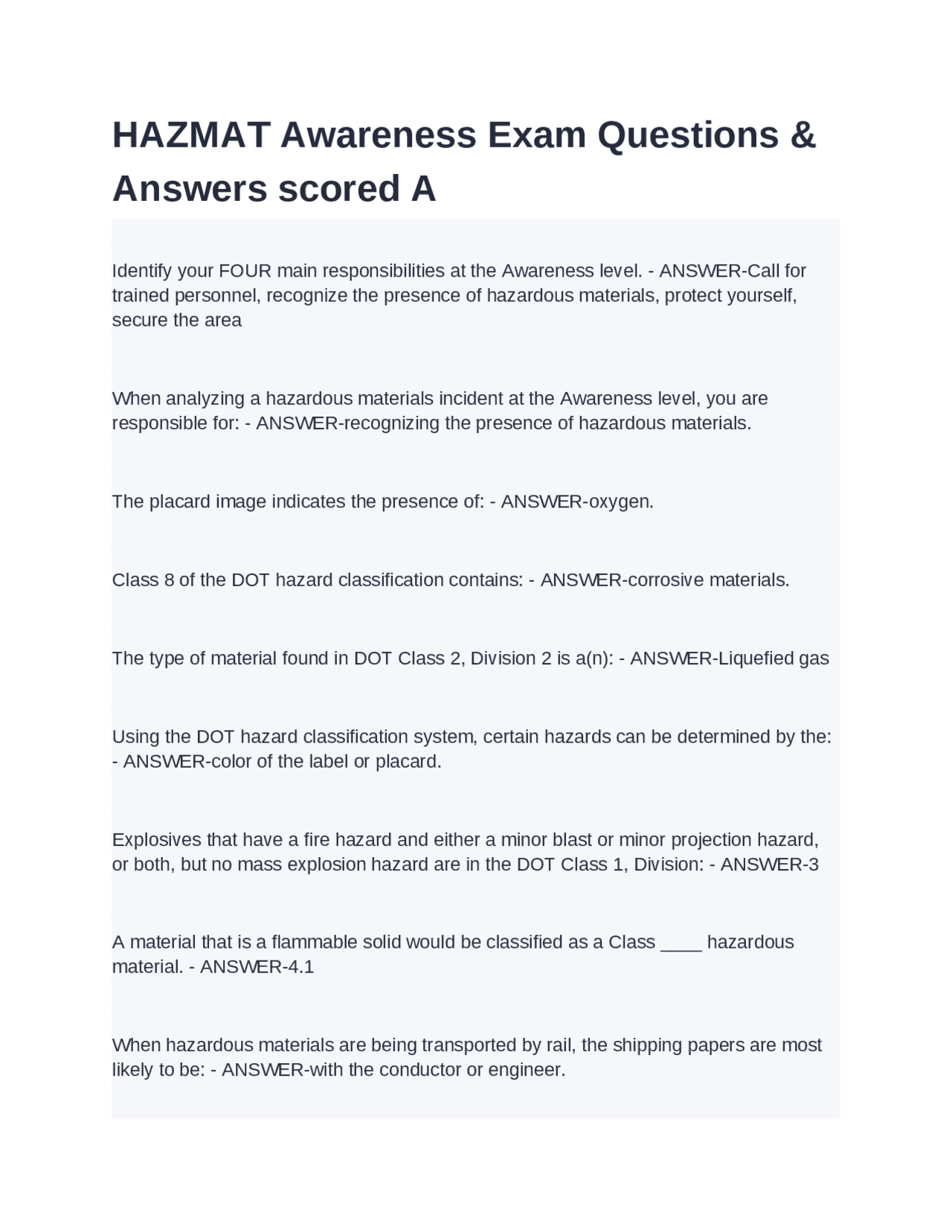 HAZMAT Awareness Exam Questions and Answers | Exams Nursing | Docsity