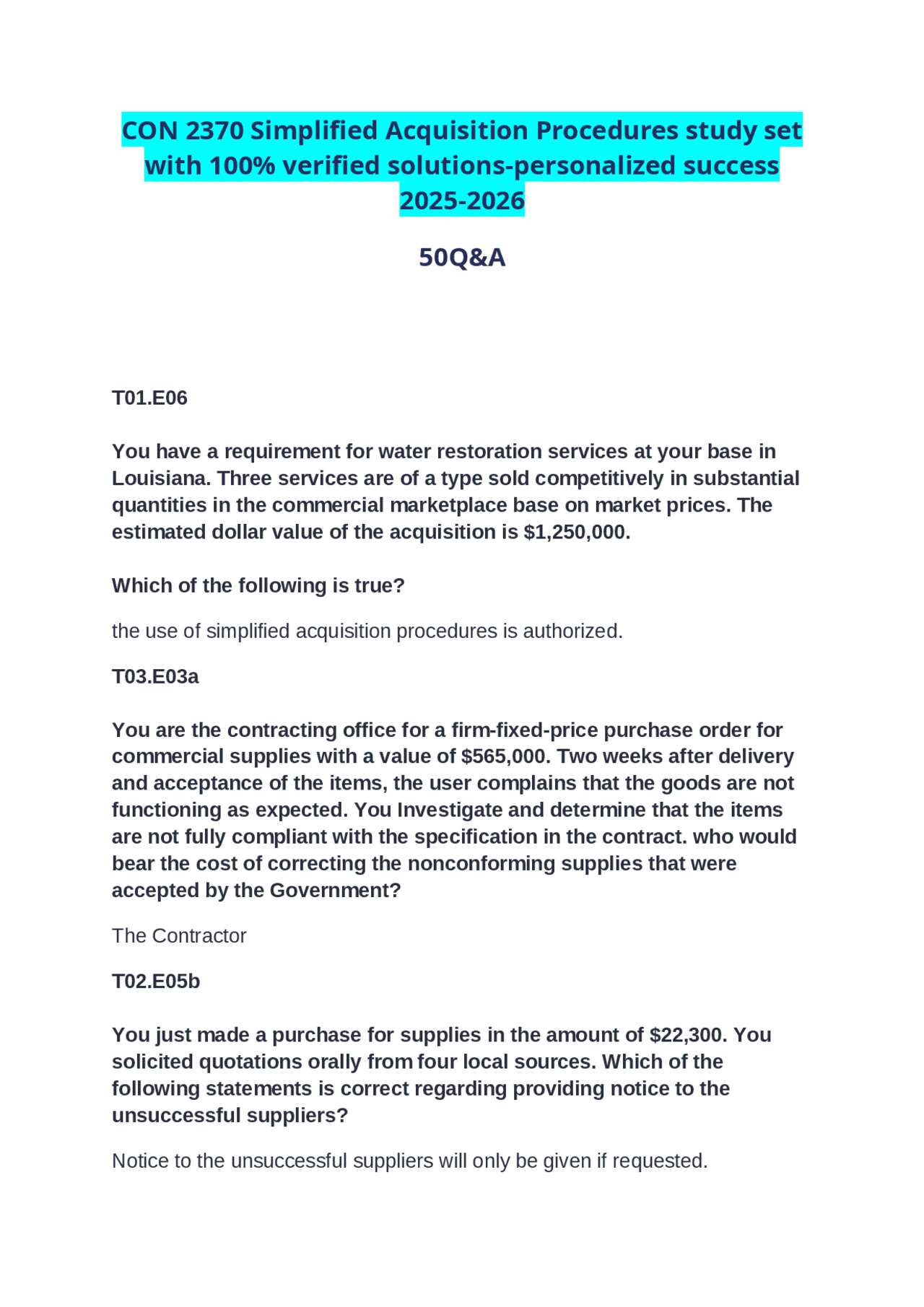 CON 2370 Simplified Acquisition Procedures study set with 100% verified ...