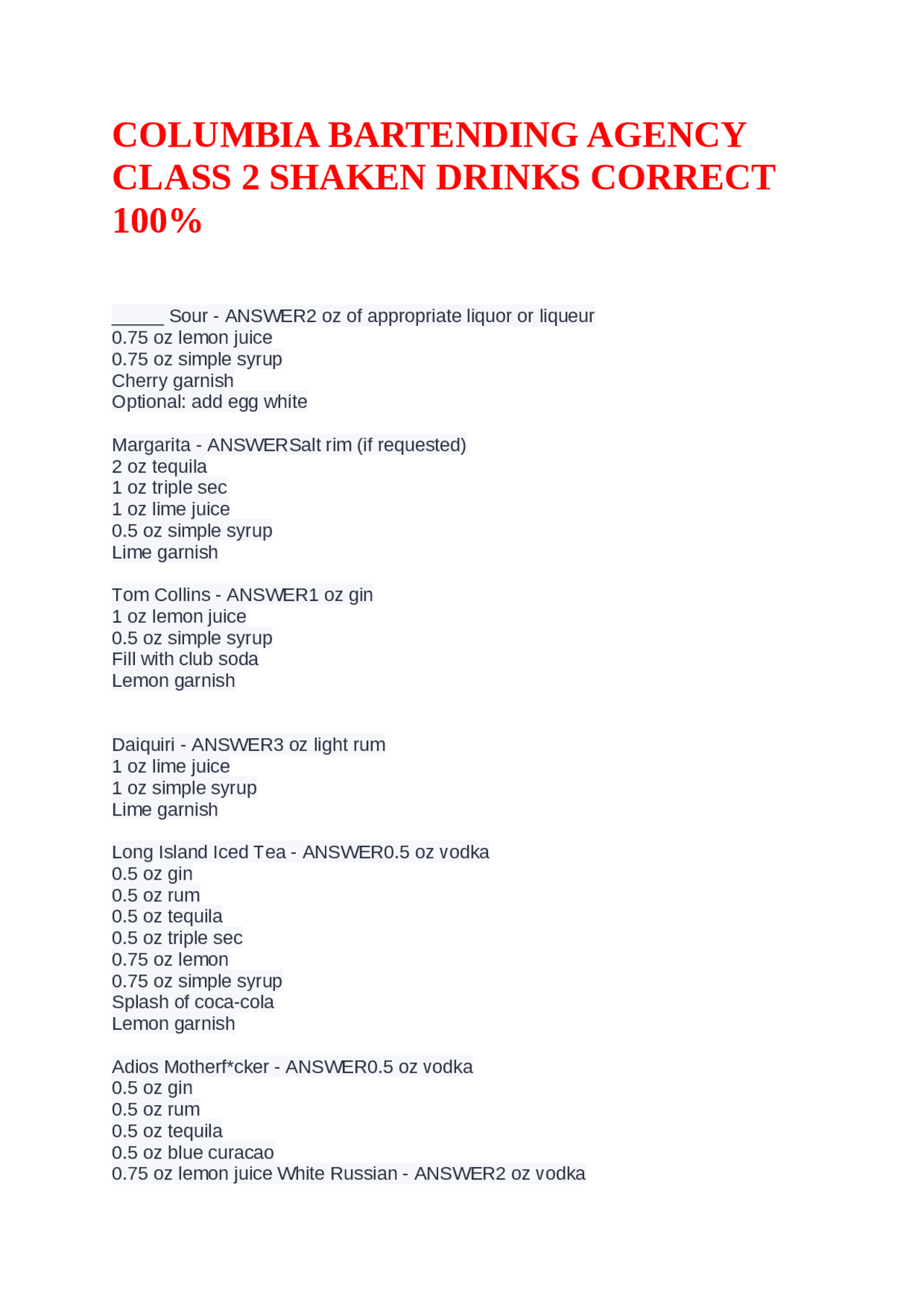 COLUMBIA BARTENDING AGENCY CLASS 2 SHAKEN DRINKS CORRECT 100% | Exams ...