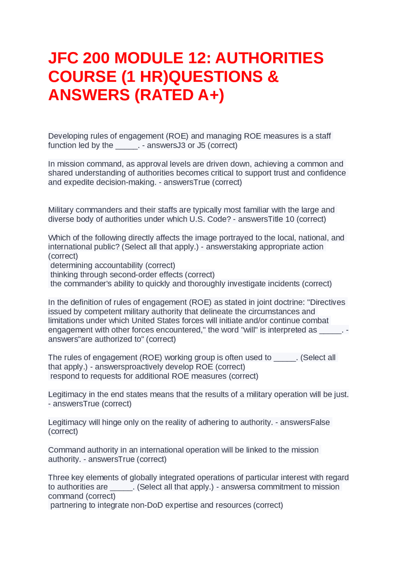 JFC 200 MODULE 12: AUTHORITIES COURSE (1 HR)QUESTIONS & ANSWERS (RATED ...