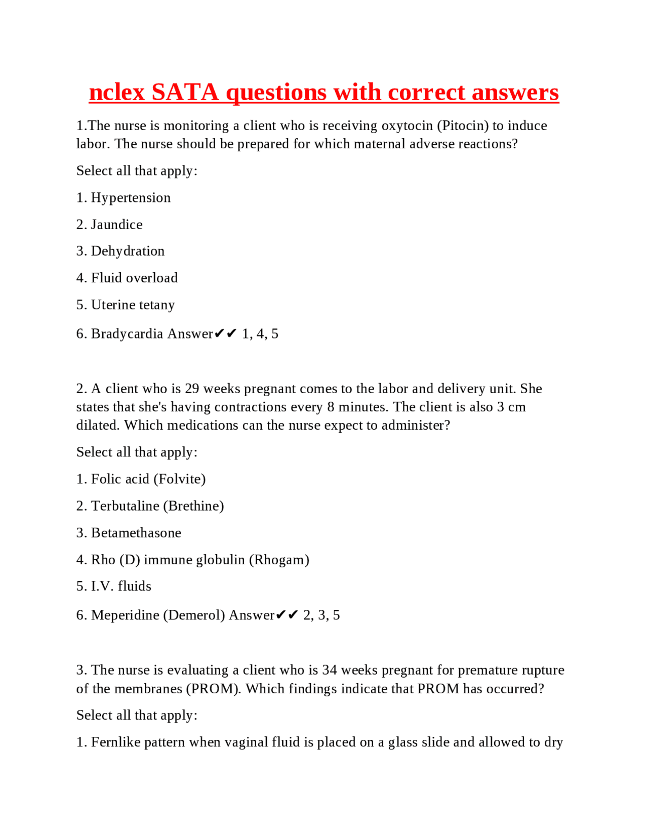 nclex SATA questions with correct answers | Exams Psychology | Docsity