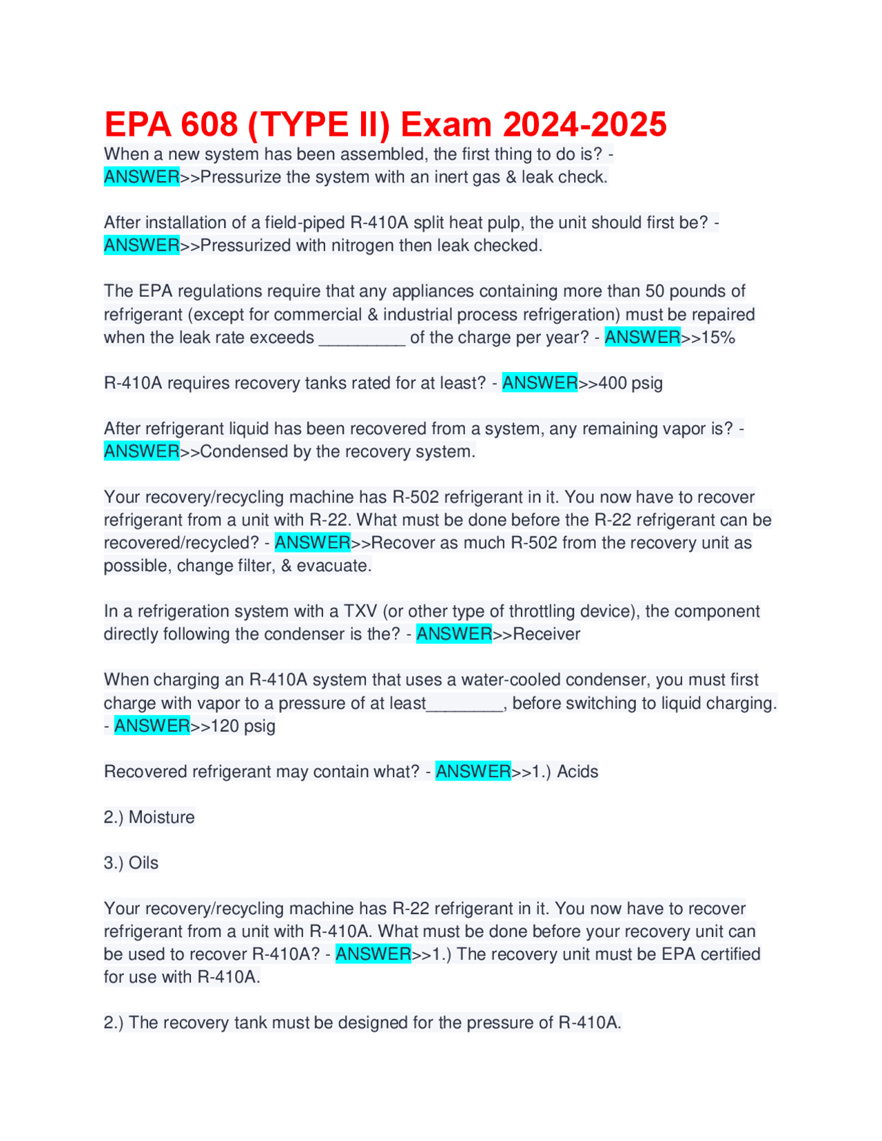 EPA 608 (TYPE II) Exam 2024-2025 | Exams Refrigeration and Air ...