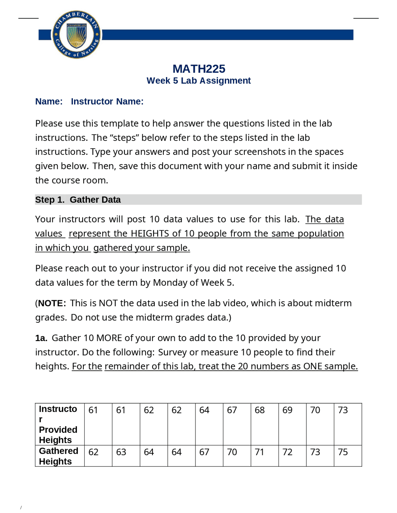 MATH225 Week 5 Lab Assignment (Chamberlain) 2025 | Assignments Nursing | Docsity