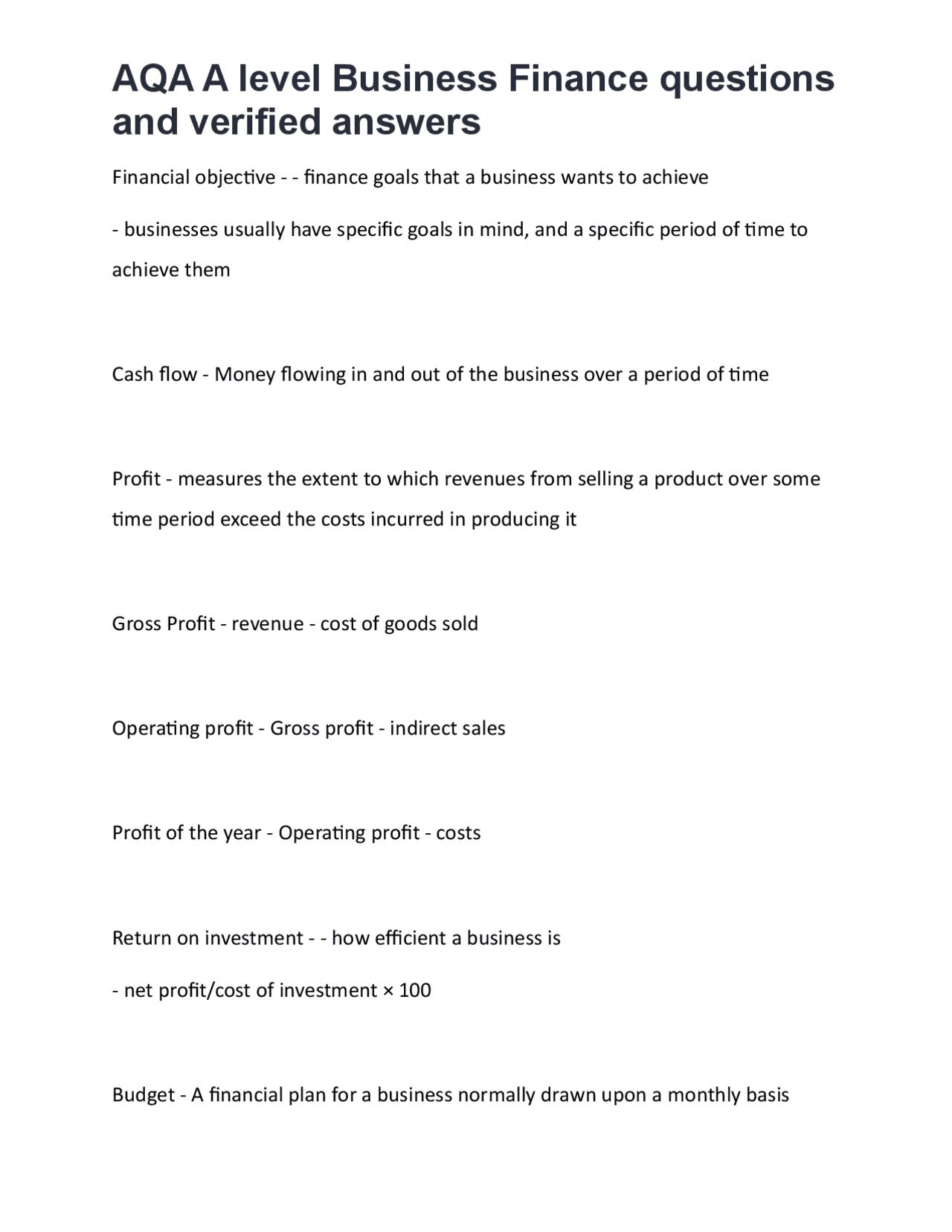 AQA A level Business Finance questions and verified answers. | Exams ...