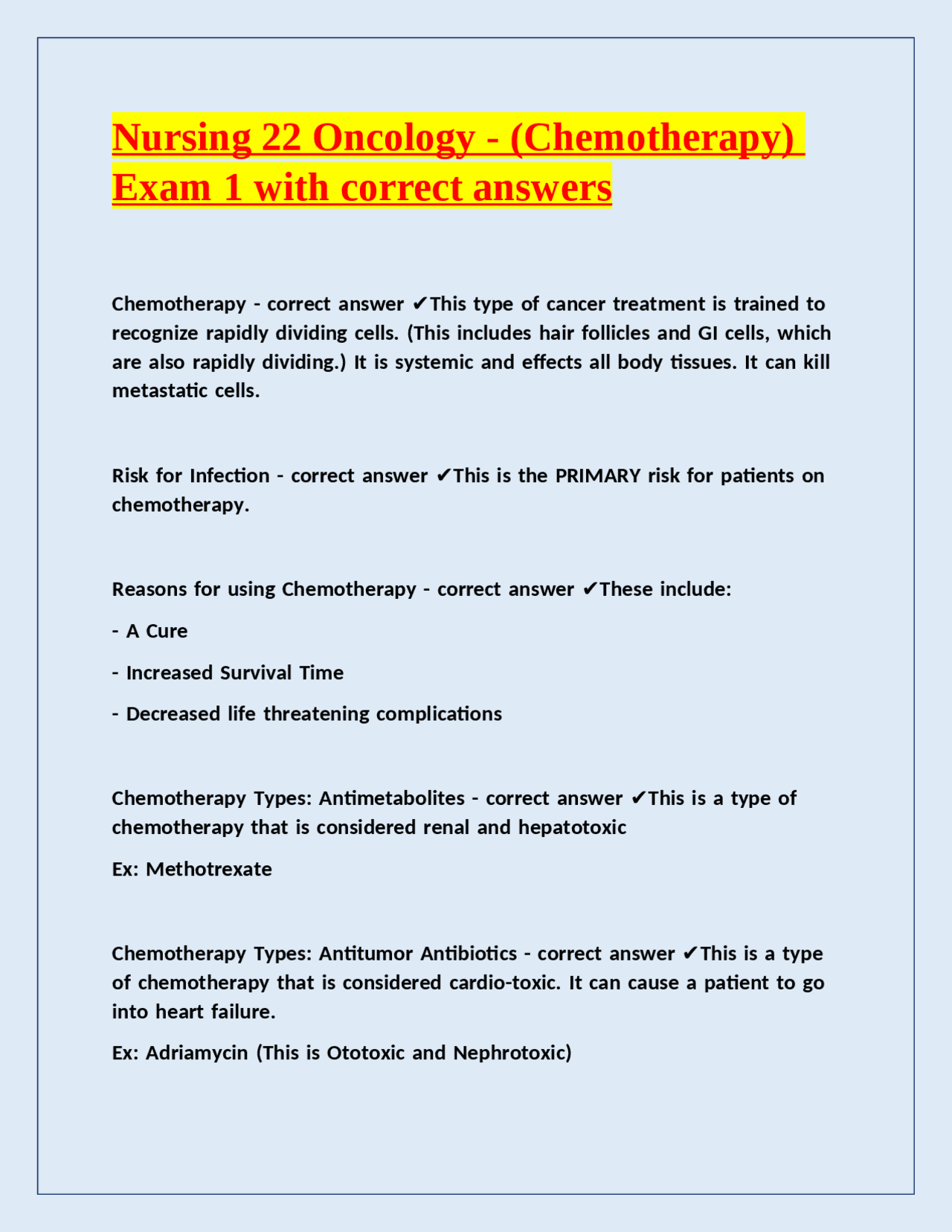 Nursing 22 Oncology - (Chemotherapy) Exam 1 with correct answers ...