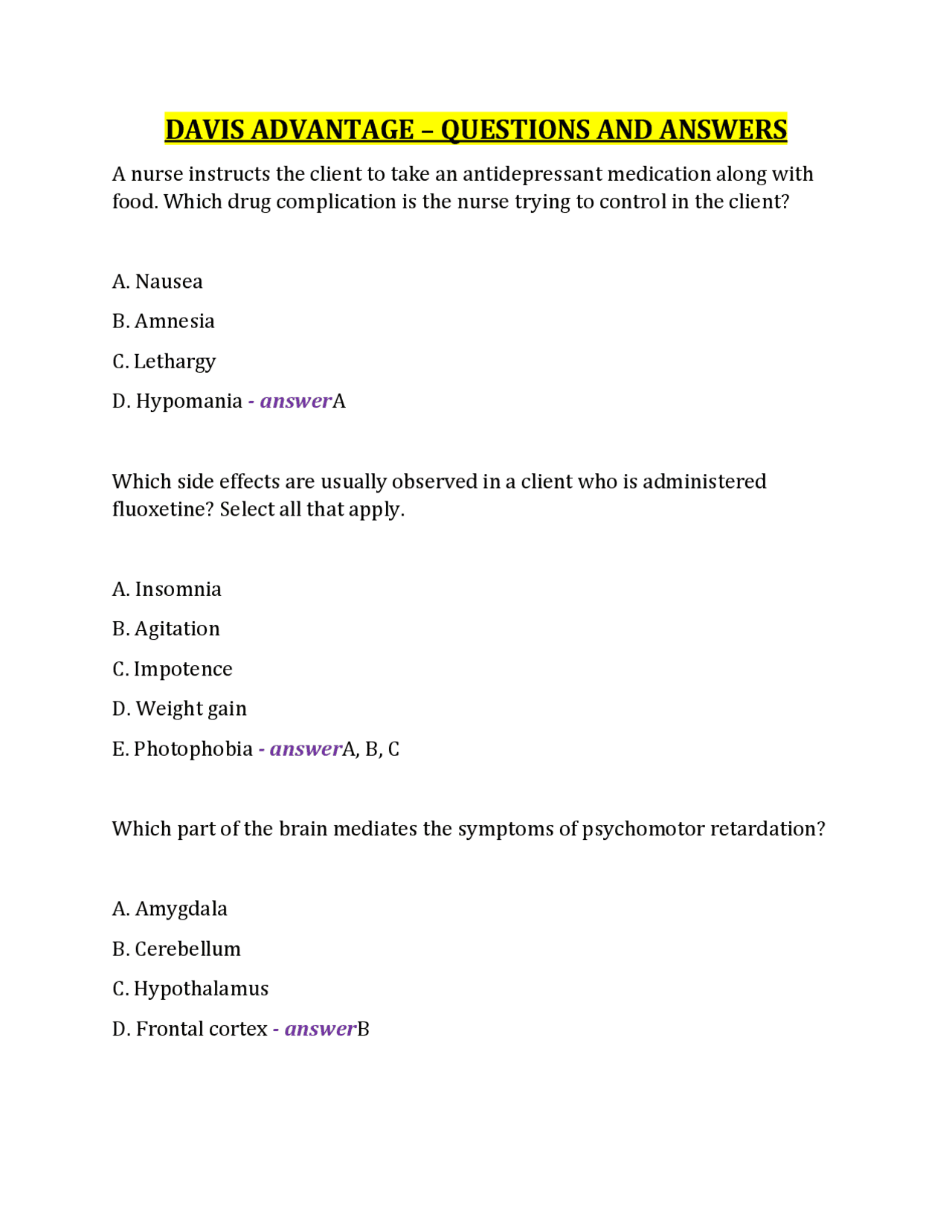 DAVIS ADVANTAGE – QUESTIONS AND ANSWERS | Exams Nursing | Docsity