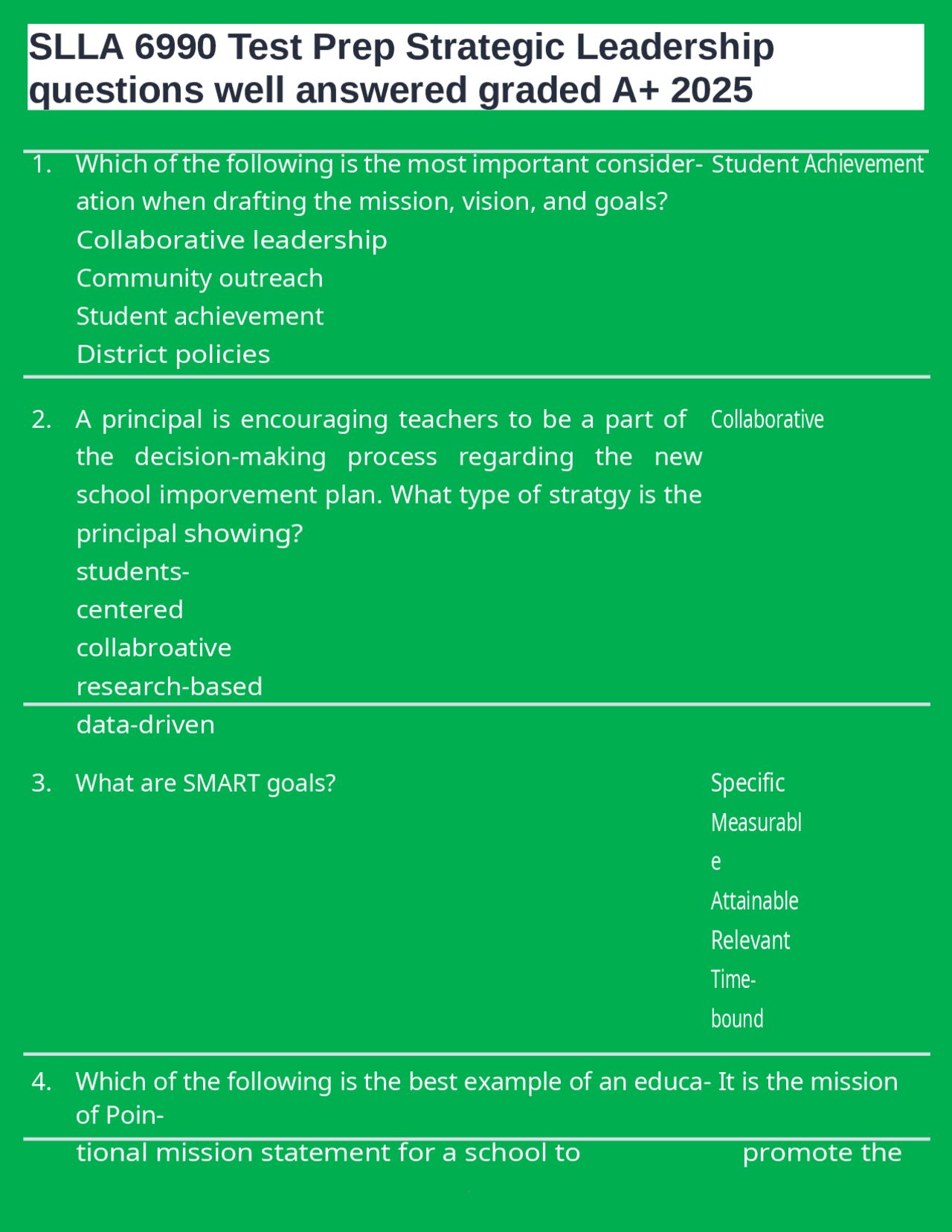 SLLA 6990 Test Prep Strategic Leadership questions well answered graded ...