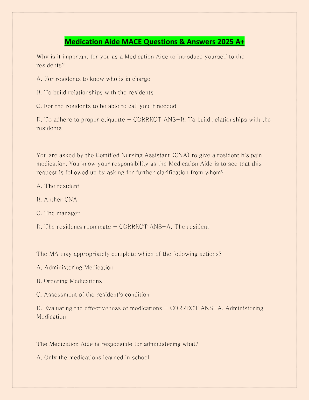 Medication Aide MACE Questions & Answers 2025: A Comprehensive Guide ...
