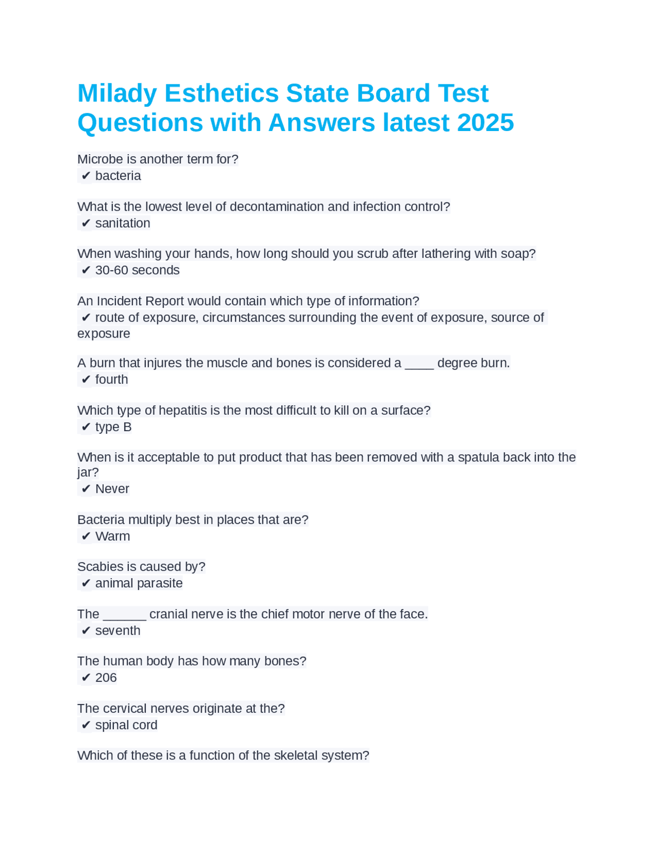Milady Esthetics State Board Test Questions with Answers latest 2025 ...