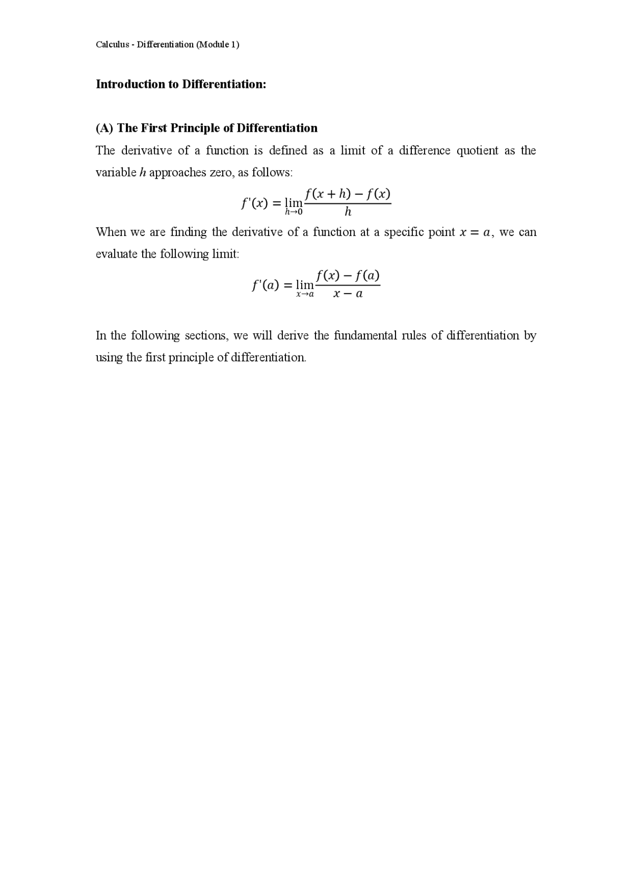 First Principle of Differentiation | Study notes Calculus | Docsity
