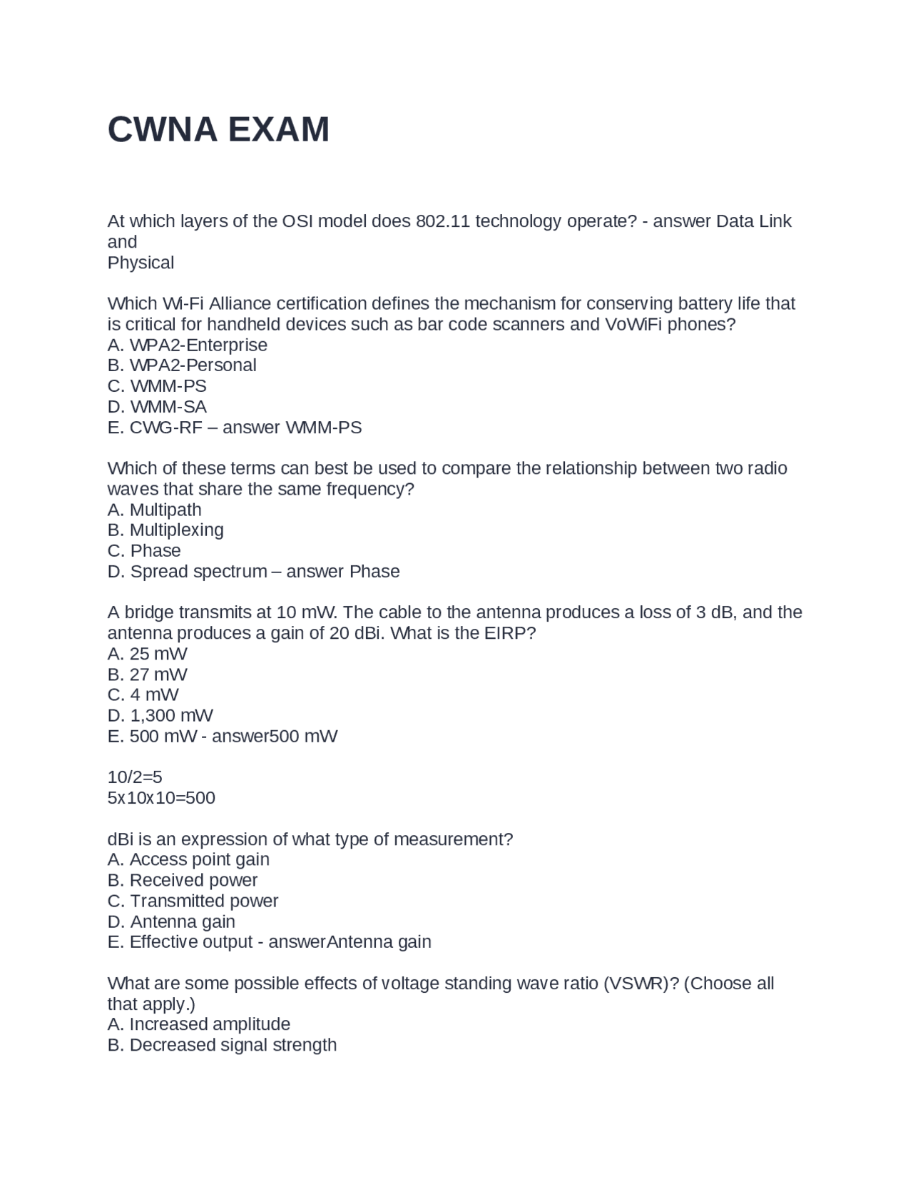 CWNA EXAM QUESTIONS AND ANSWERS 100% CORRECT | Exams Advanced Education ...