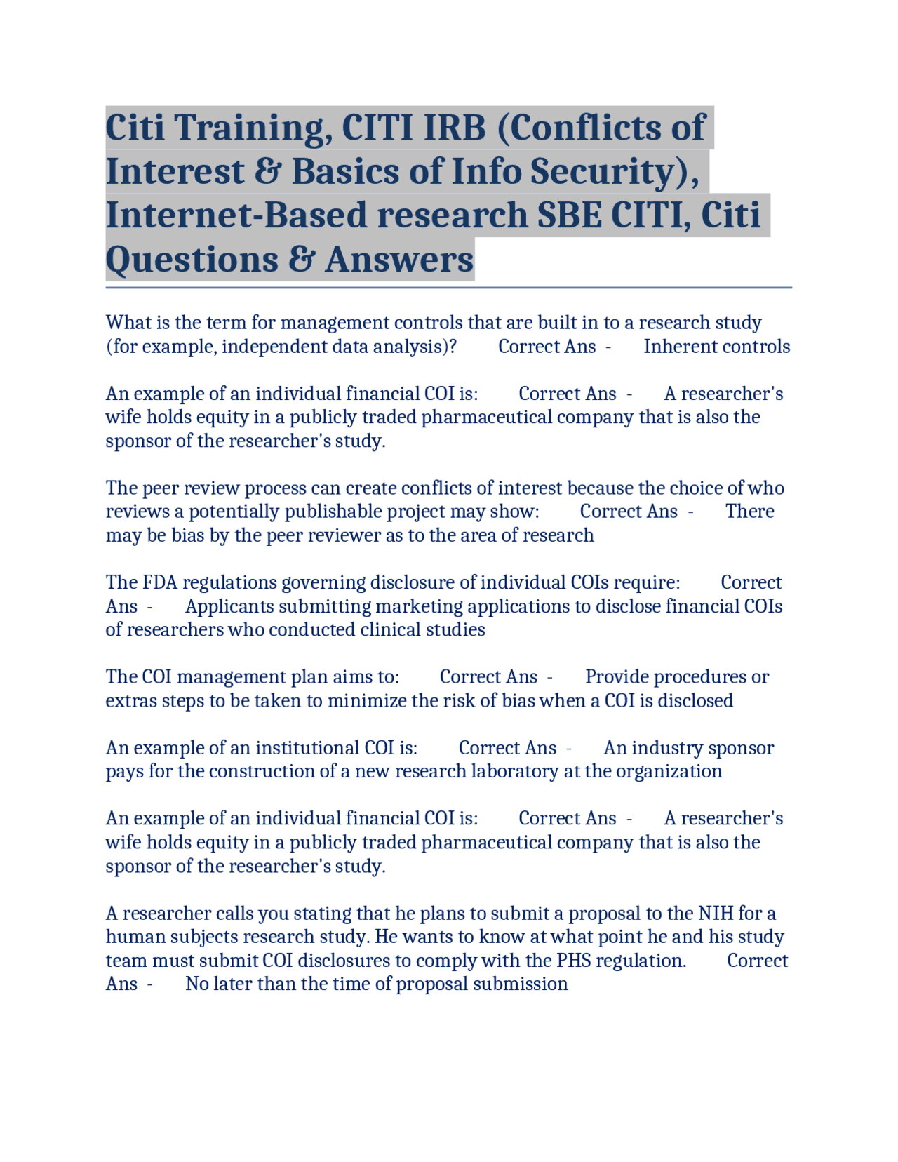 Citi Training, CITI IRB (Conflicts of Interest & Basics of Info ...