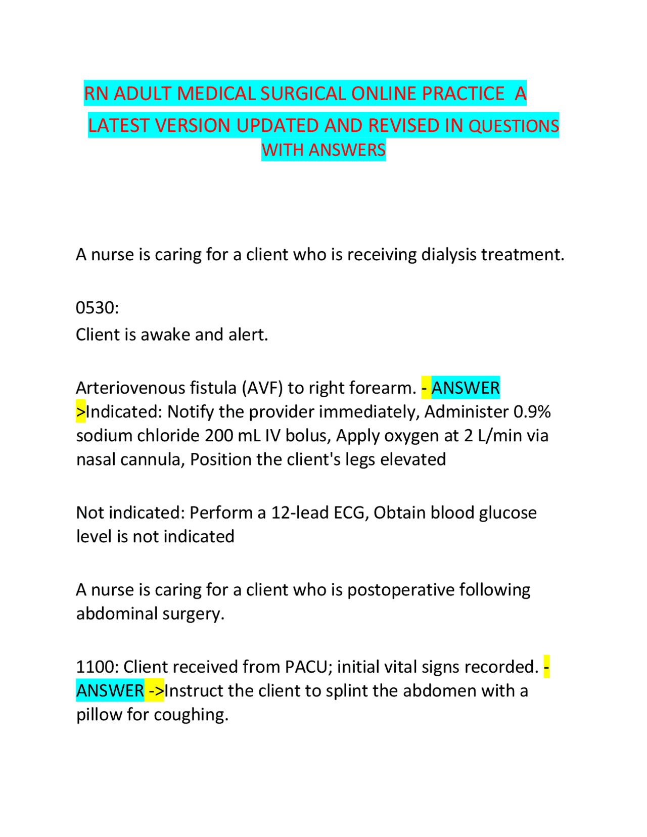 RN ADULT MEDICAL SURGICAL ONLINE PRACTICE A LATEST VERSION UPDATED AND ...