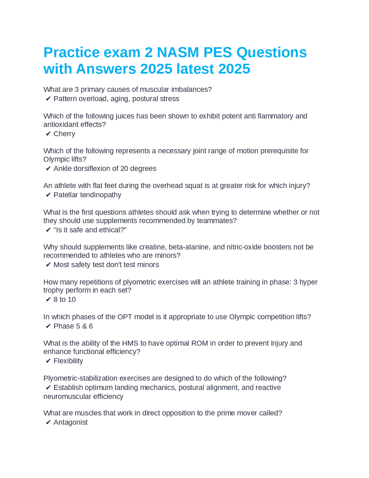 Practice exam 2 NASM PES Questions with Answers 2025 latest 2025 ...